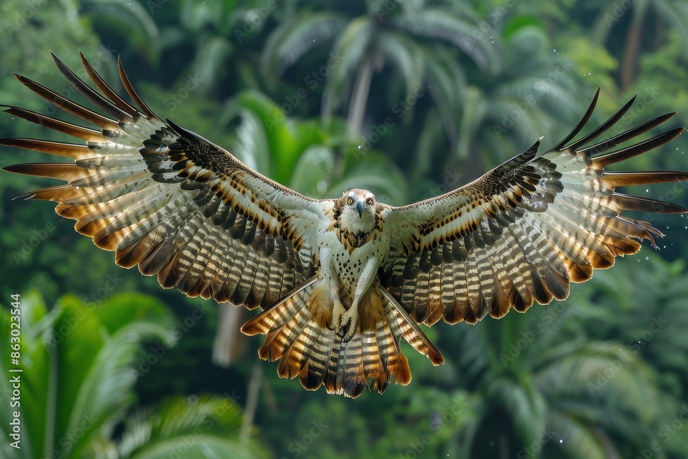 A Philippine eagle soaring high above a lush tropical forest, its ...