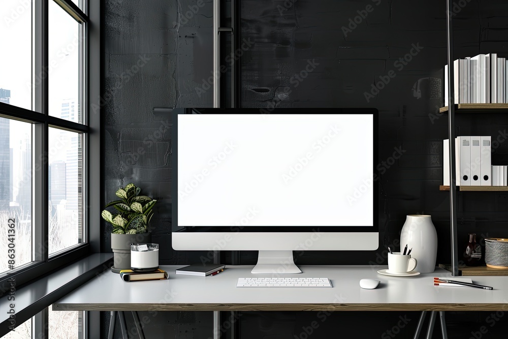 modern home office setup with PC on a desk, bookshelf, blank white ...