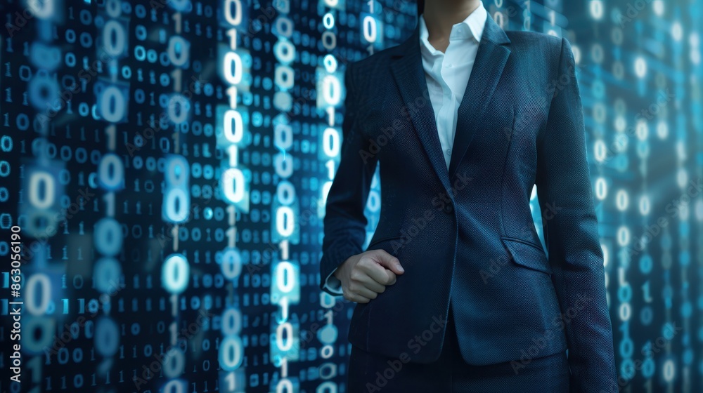 Female CEO in navy blue suit, torso view, binary code backdrop, modern ...