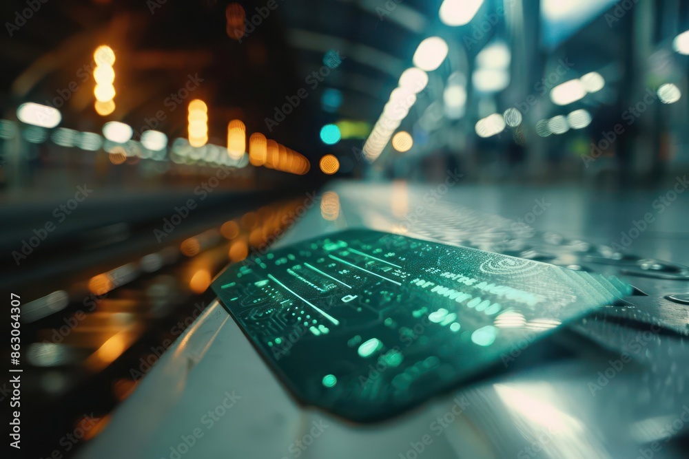 Detailed view of a futuristic train ticket with embedded LED ...