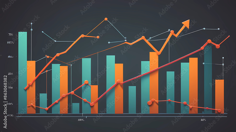 pie graphs running inside a line graph. black background, shiny texture ...