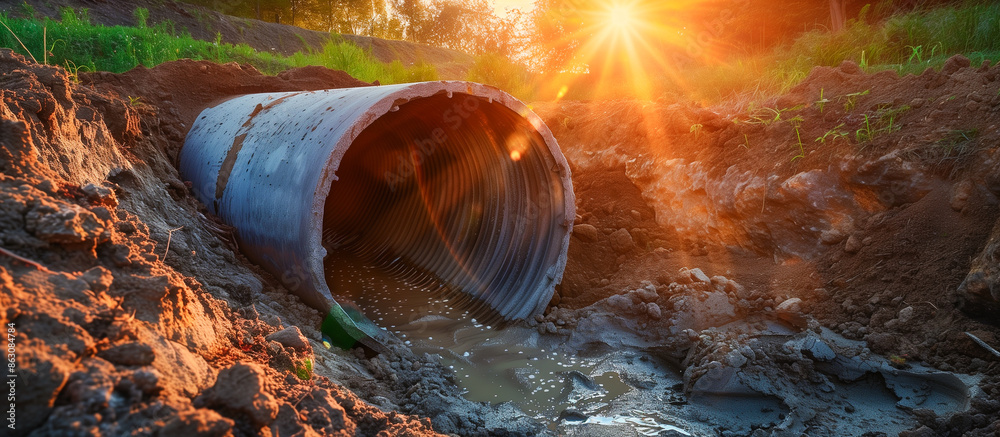 Concrete drainage pipe system installation on road sides for urban ...