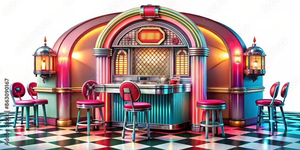 Vibrant illustration of iconic 50s diner scenery, complete with retro ...