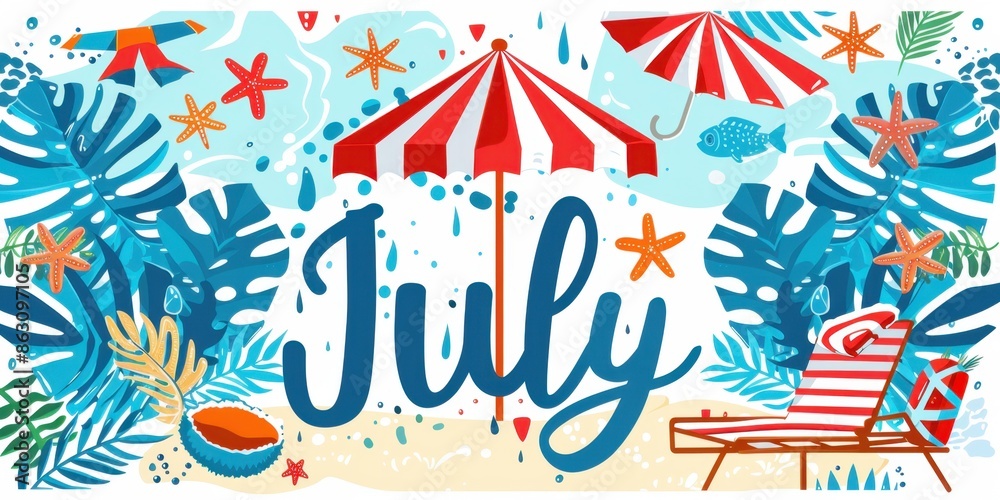 "July" in bold, colorful letters for text on a white background ...