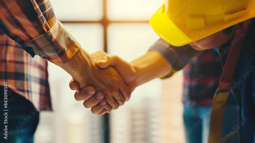 Construction workers architects and engineers shake hands while working ...