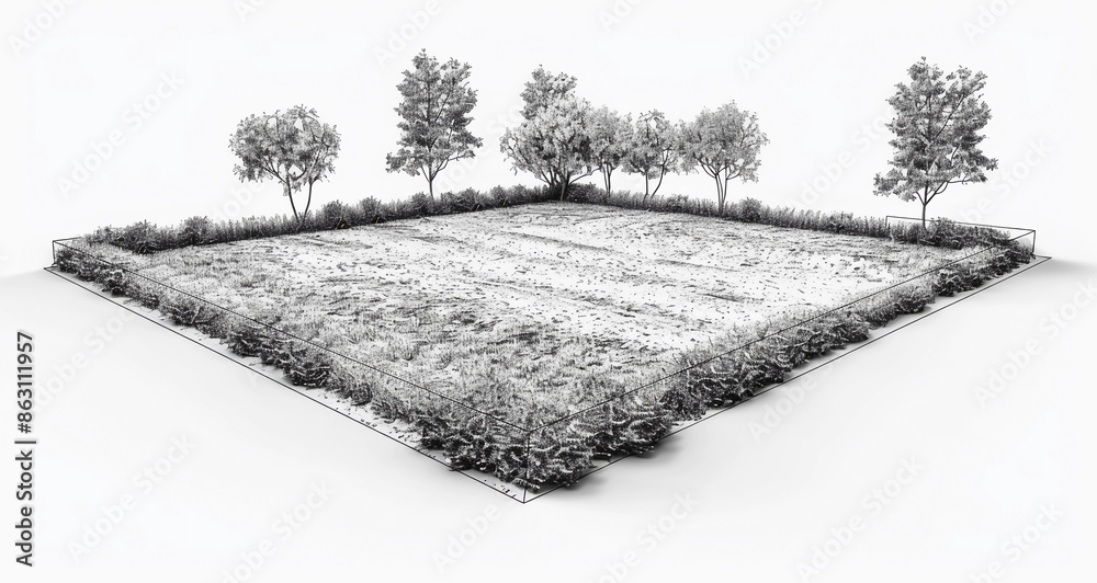 black and white sketch of a rectangular vacant and plot with boundaries ...