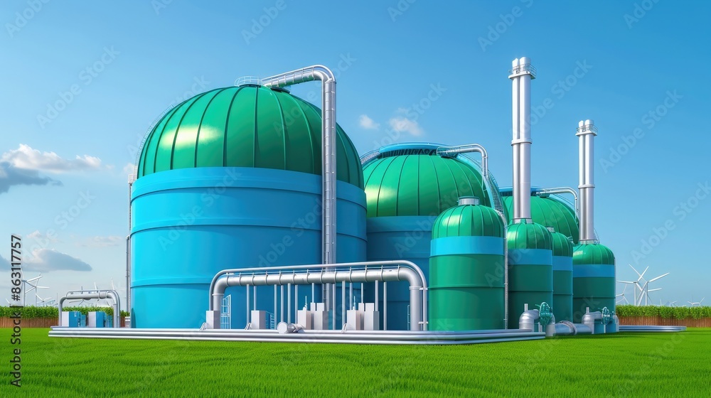 Modern industrial biogas plant with green domes, pipes, and blue sky in ...