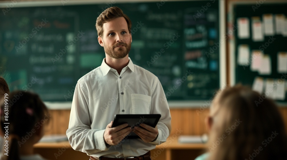Teacher at the front of a welllit classroom, using a tablet to ...