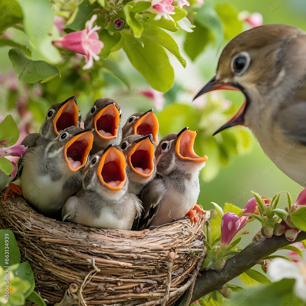 Bird brood in nest on blooming tree, baby birds, nesting with wide open ...