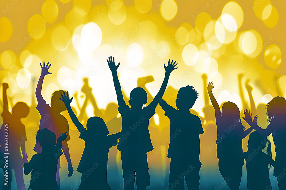 Happy cheerful crowd of children, silhouette. Sport fans, kids on party ...