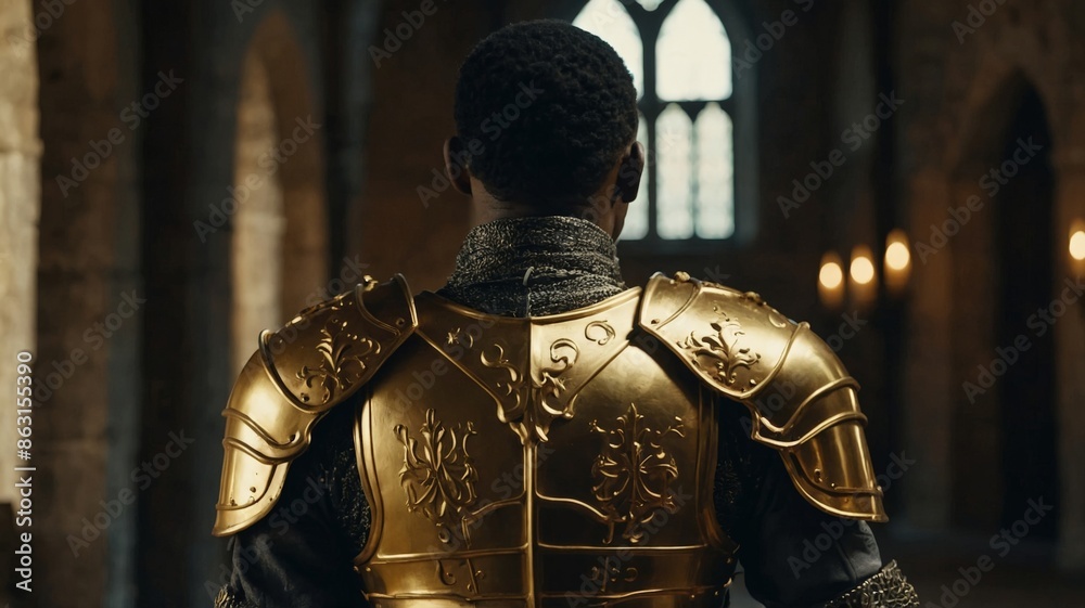 Black man with golden armor of a medieval knight, inside the hall of a ...