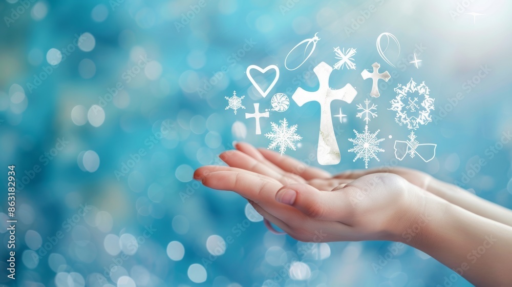 Hand holding catholic cross symbol near symbols of world religions on ...