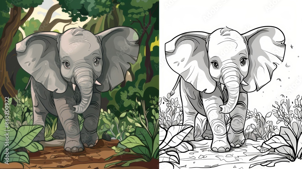 Baby elephant coloring page. Cute animal coloring book page for kid ...