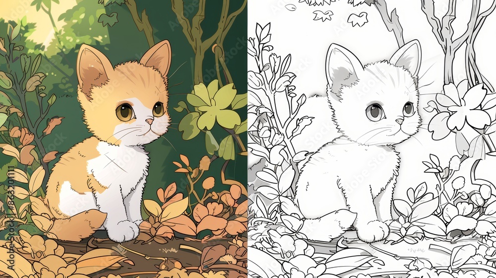 Cute cat coloring page. Cute animal coloring book page for kid, with ...