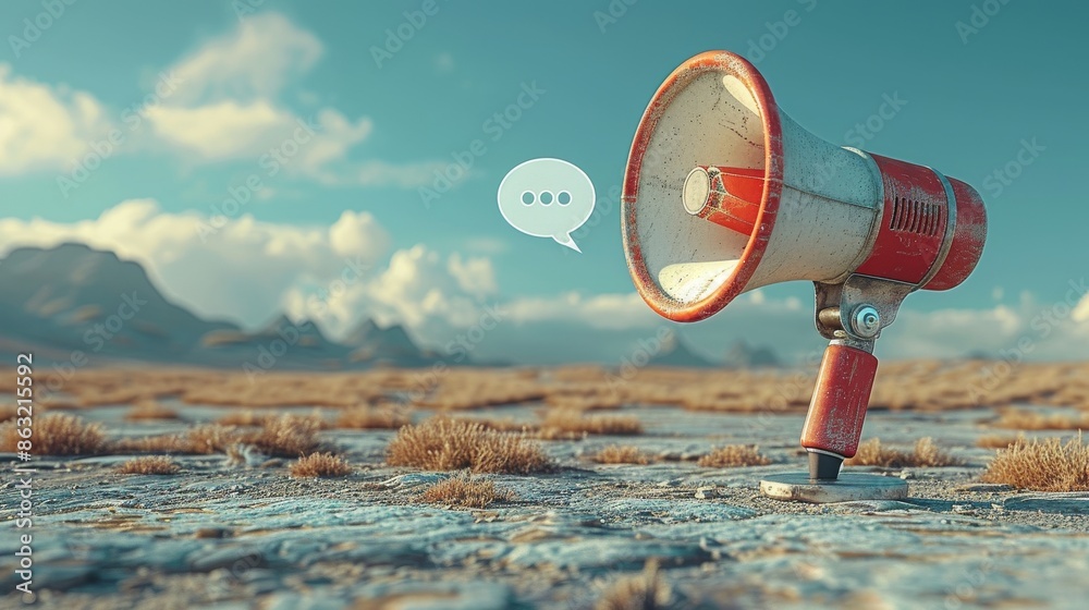 Red and white megaphone with a speech bubble emerging from it. The ...