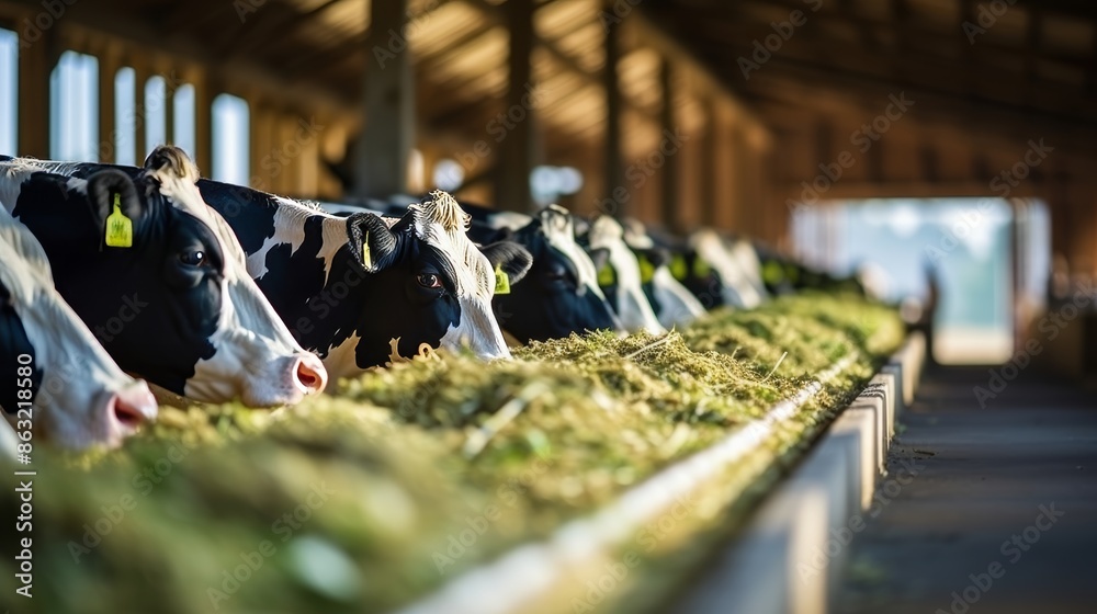 Healthy dairy cows feeding in stables at livestock farm, herd in ...