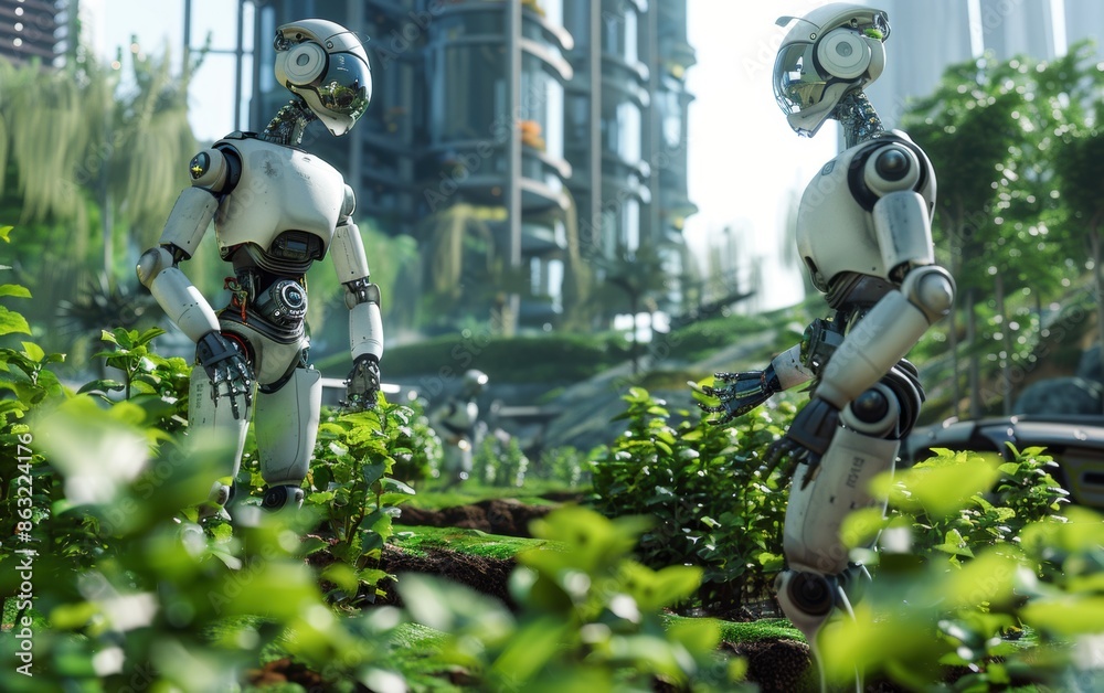 Futuristic scene of AI robots transforming urban landscapes into ...