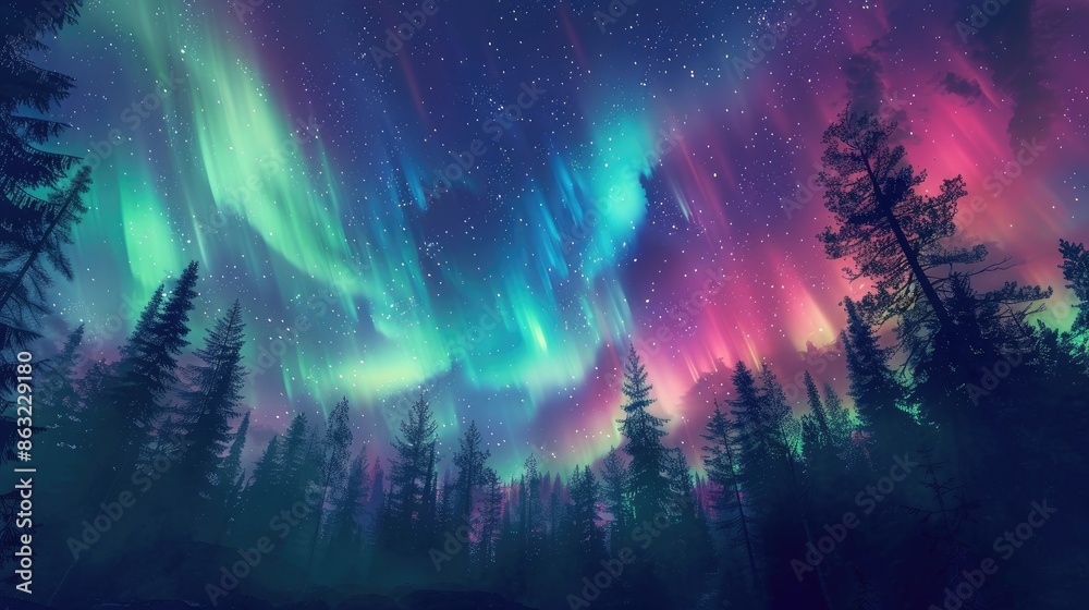 Northern lights. Aurora Borealis. Night starry sky. A lights of purple ...