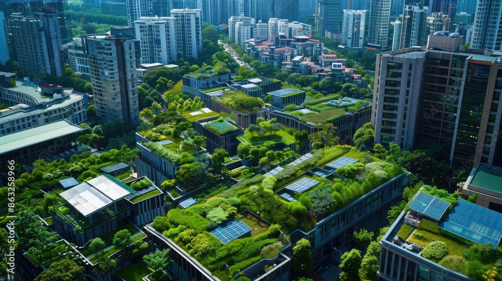 A cityscape with green roofs, solar panels, and pedestrian-friendly ...
