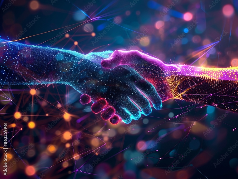 Abstract digital handshake in a futuristic setting. Neon lights and ...