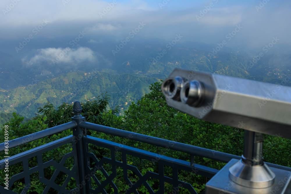 Observation deck and binoculars for viewing the sea and the city of ...