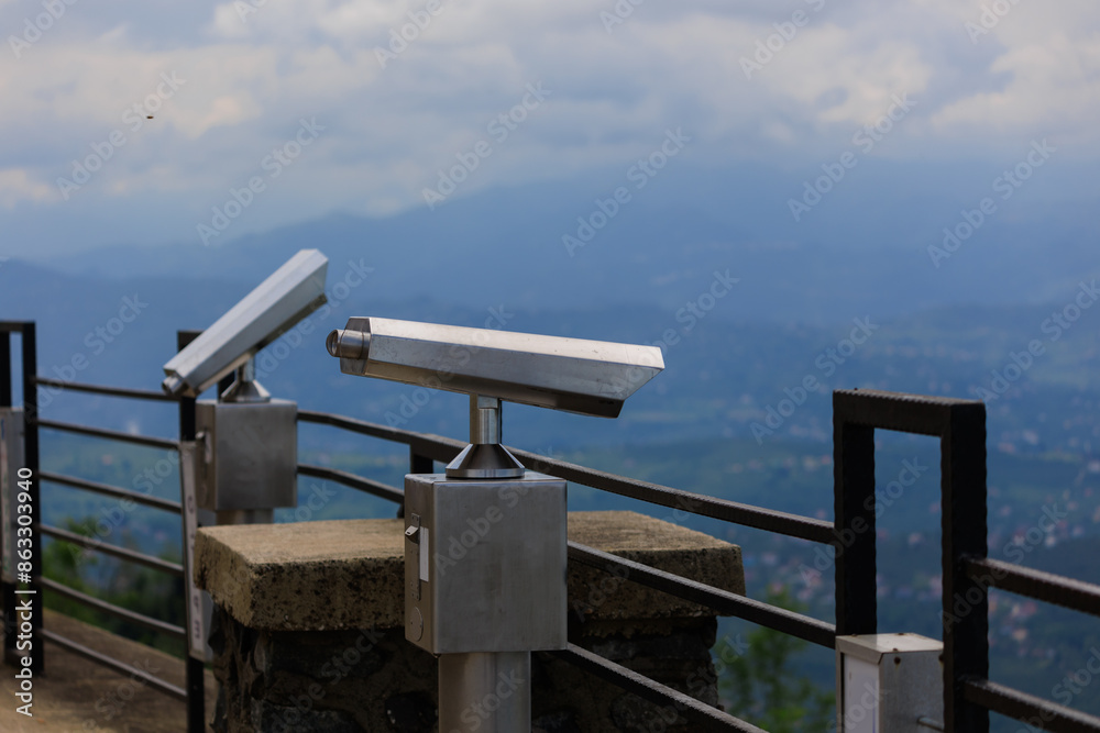 Observation deck and binoculars for viewing the sea and the city of ...