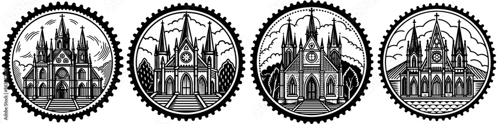 Gothic church round postage stamp isolated on transparent background ...