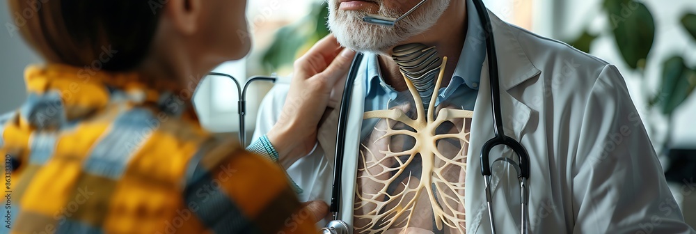 Pulmonologist using a stethoscope to assess lung function in a patient ...