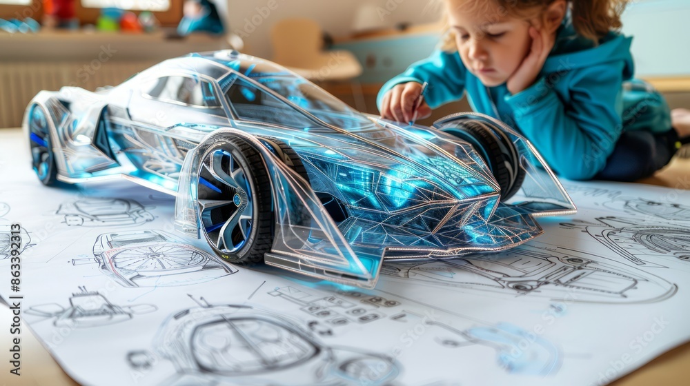 child drawing designs for a futuristic car on a large sheet of paper ...