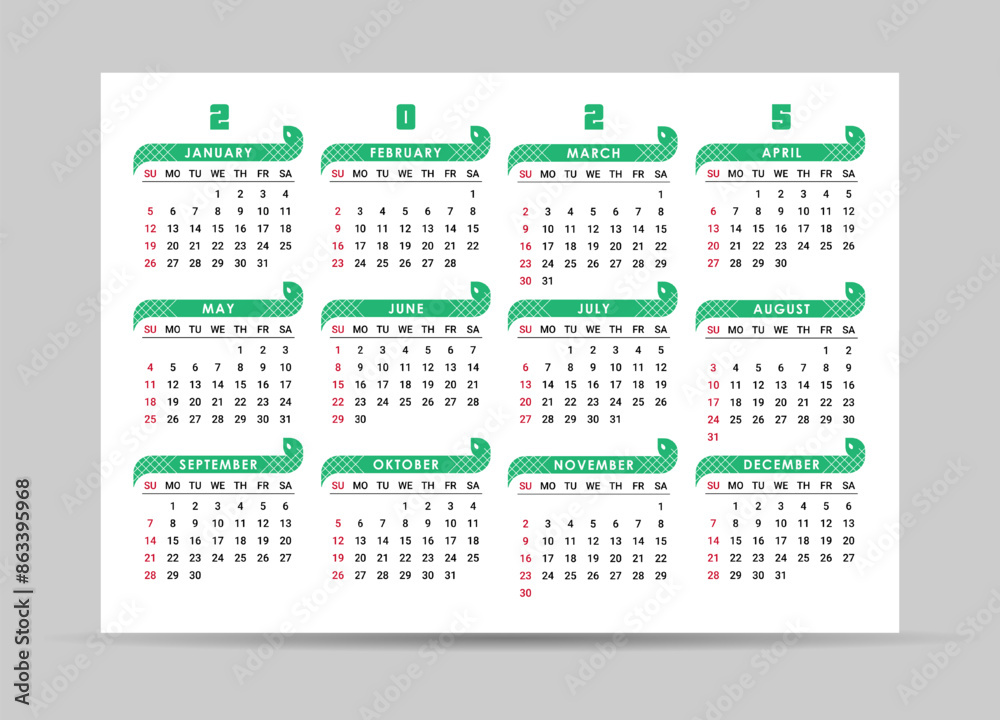 2025 year calendar with abstract green snake. Week starts on Sunday ...