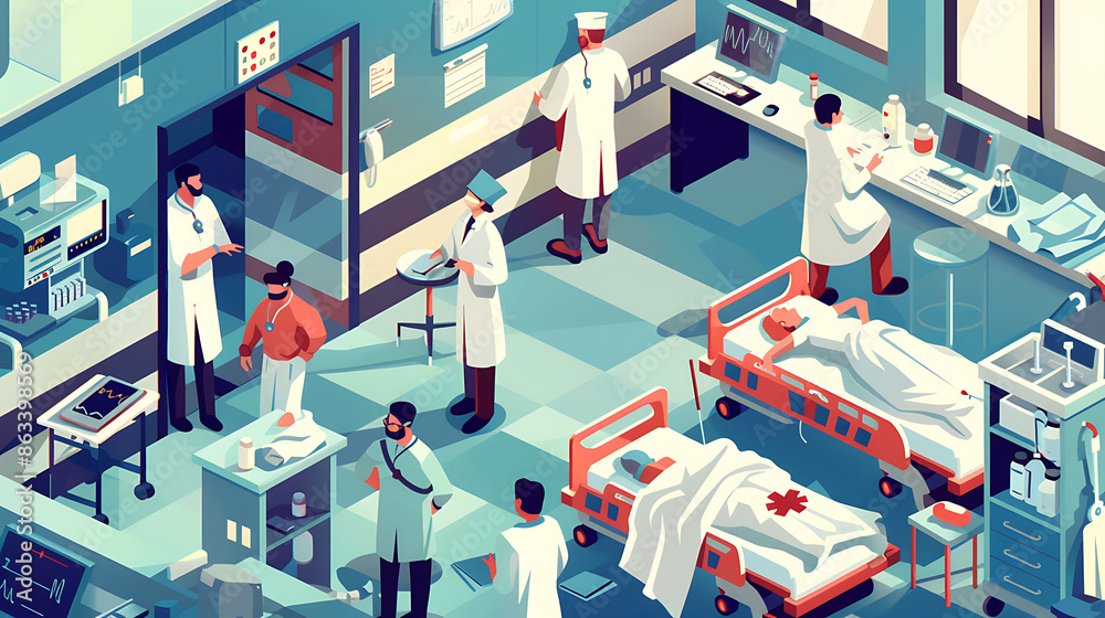 Emergency room with doctors and nurses treating multiple patients ...