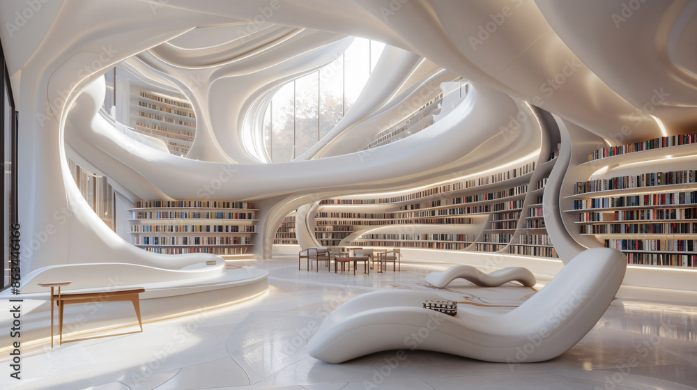 Modern library interior with white walls, curved ceilings, and ...