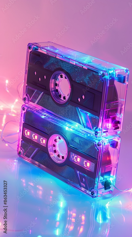 Cassette tapes adorned with a dazzling LED light sign, evoking the 80s ...