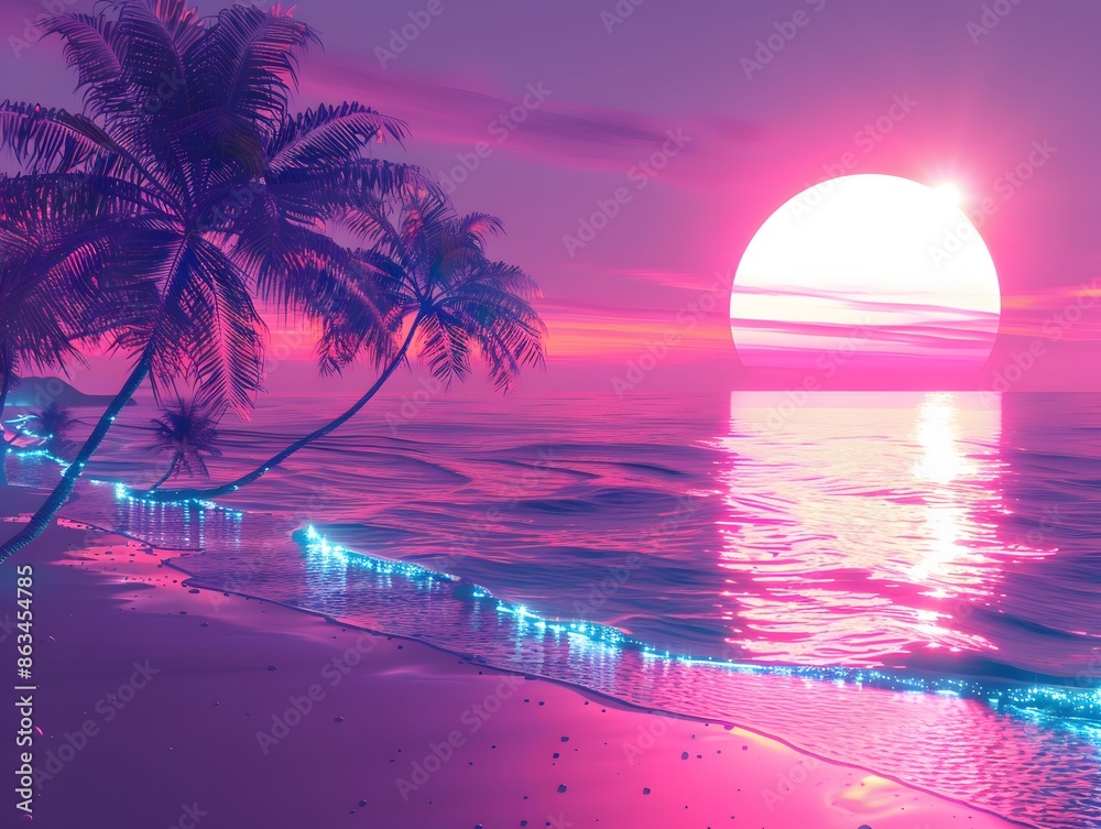 Synthwave beach scene with neon lights and an LED light sign., isolated ...