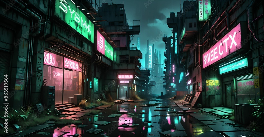 cyberpunk futuristic dystopian city street strip with shops, stores ...