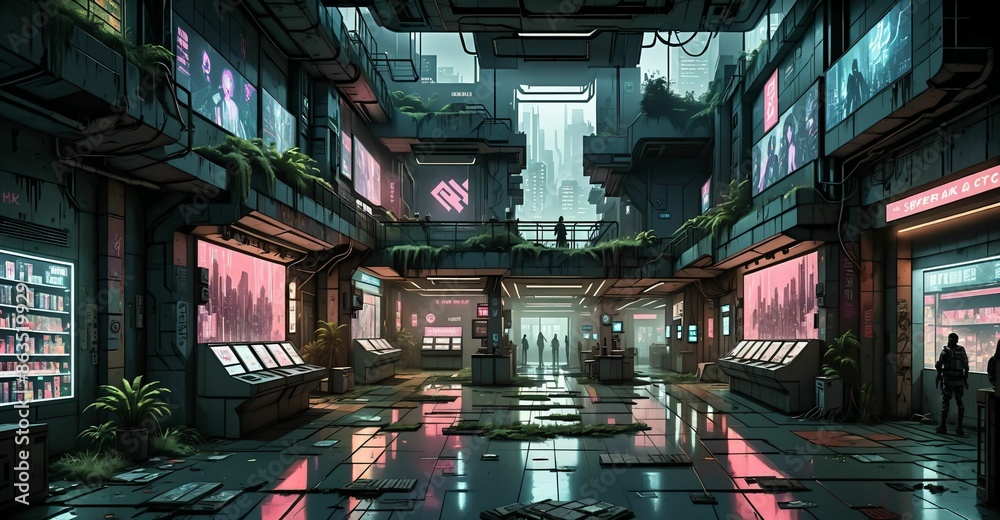 cyberpunk futuristic dystopian city street strip with shops, stores ...