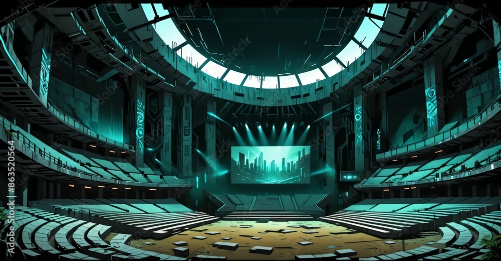 stage in abandoned auditorium building stadium. amphitheater theatre ...