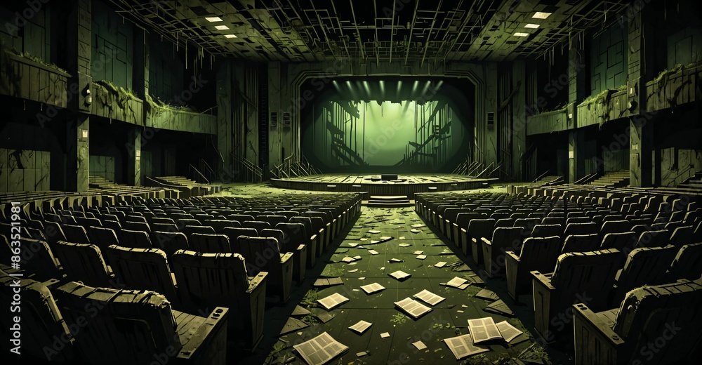 theatre stage in abandoned auditorium building. amphitheater interior ...