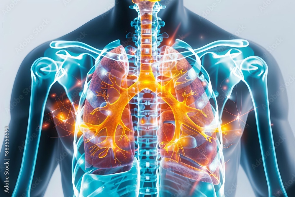3D illustration of human respiratory system with highlighted lungs and ...