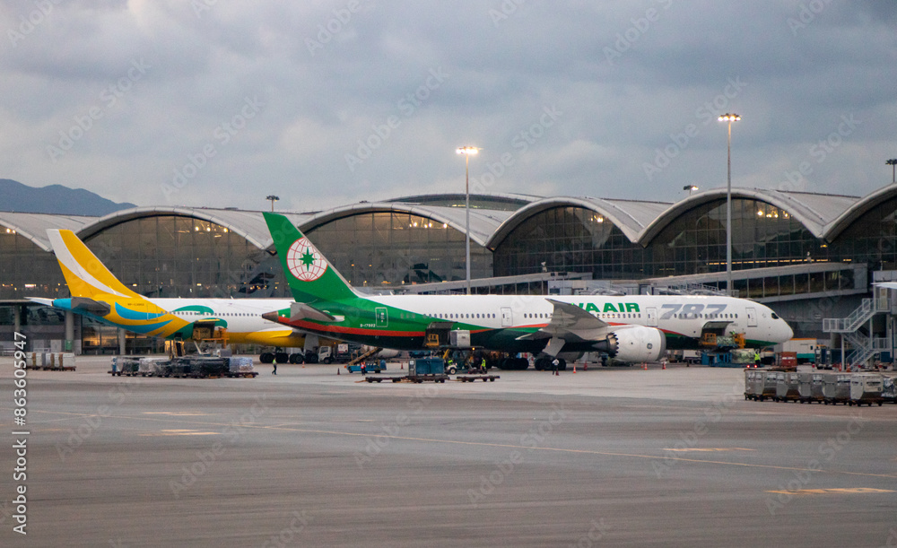 An Eva Air Boeing 787 parked at a gate at Hong Kong International ...
