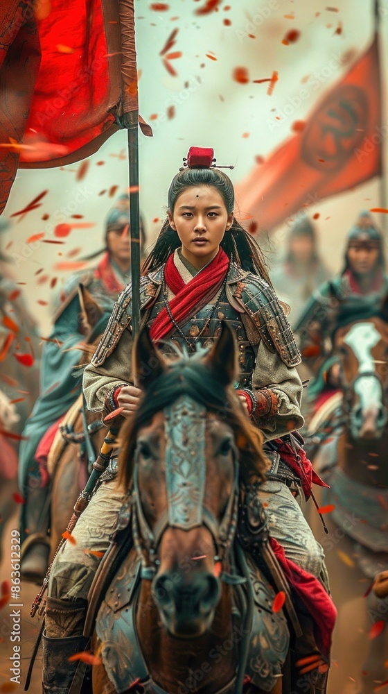 Warrior Woman Leading Cavalry Charge with Red Flags. Generative ai ...