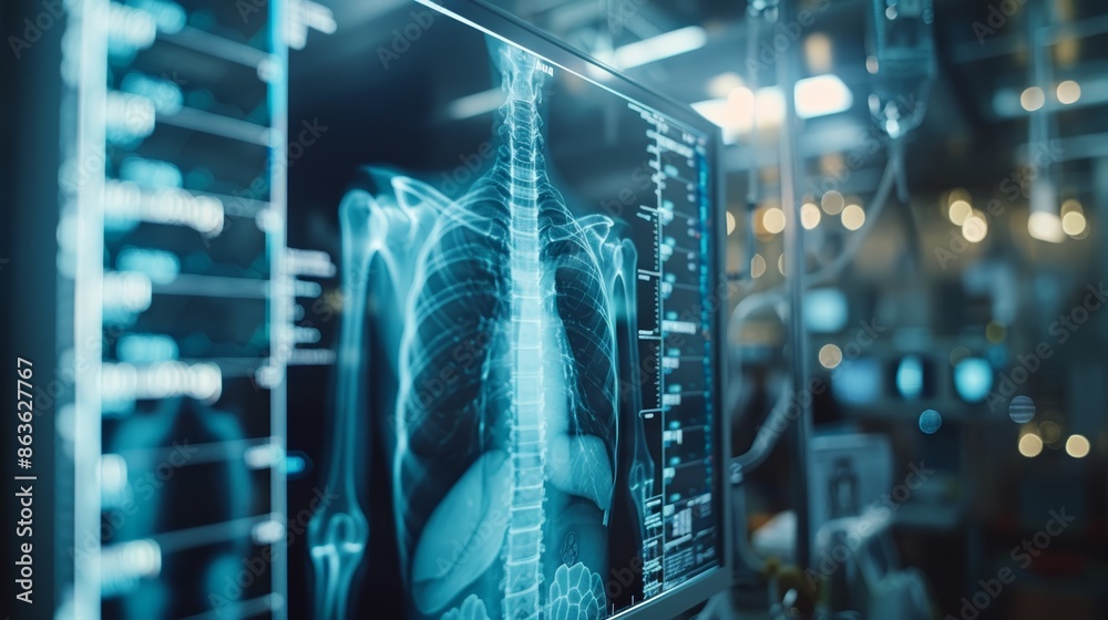 A digital X-ray image of the human spine and rib cage displayed on a ...