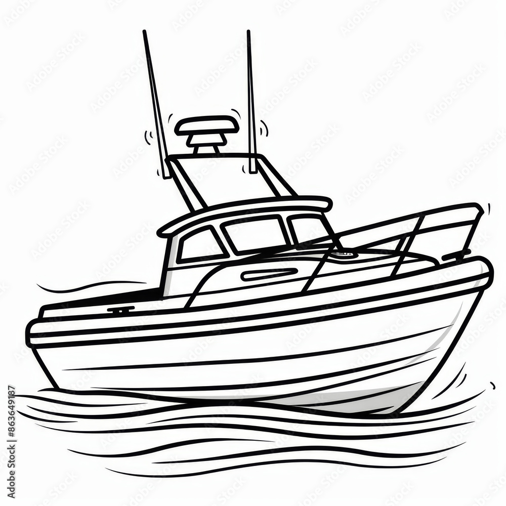 Black and white outline drawing of a motorboat on water, with dynamic ...