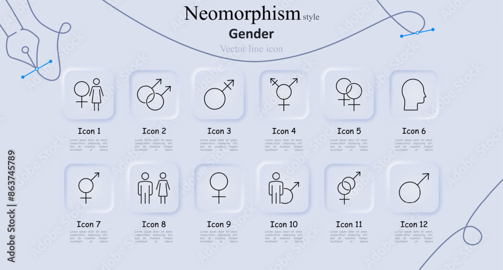 Gender neomorphism style line icons set. Male and female, gender ...