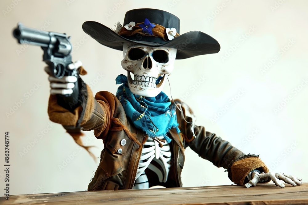 Old West Skeleton Revolver. Old west bandit outlaw skeleton at a poker ...