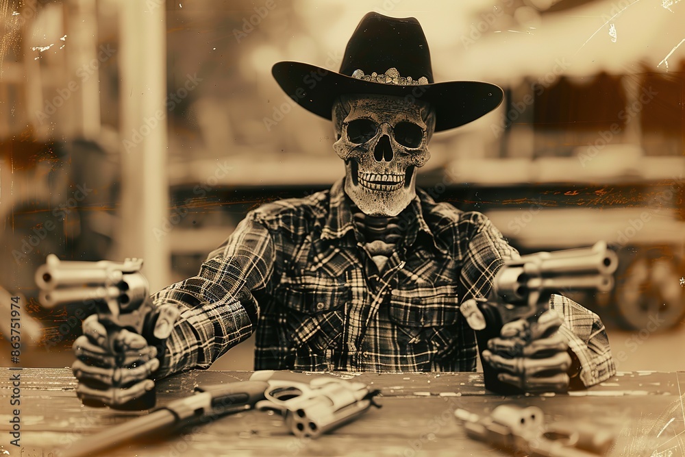 Old West Skeleton Revolver. Old west bandit outlaw skeleton at a poker ...