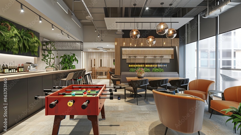 A modern office breakout area with a foosball table, snack bar, and a ...