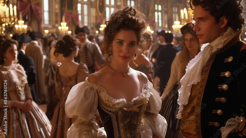 woman and man in regency outfits at an elaborate ball, surrounded by ...