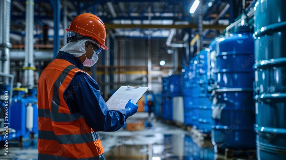 A laborer is reviewing the dangerous substance data sheet in the ...