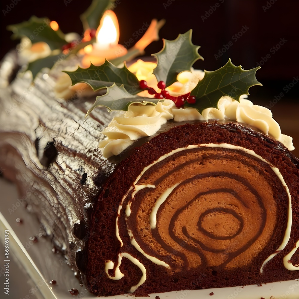 A Yule log sponge cake, featuring rich, dark chocolate adorned with ...